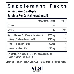 Vital Nutrients Flax Seed Oil 3000mg | Cold Pressed Flax Oil with high concentration of ALA for Heart Health* | Gluten, Dairy and Soy Free | Non-GMO | 100 Softgels
