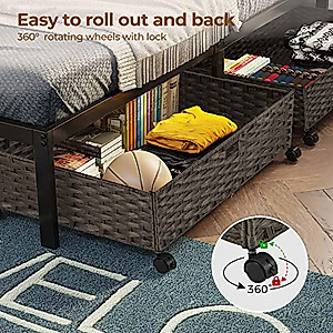 Rolanstar Bed Frame, Twin Bed Frame with 2 Rattan Baskets, 14 “ Metal Platform Bed Frame, Steel Slat Support, No Box Spring Needed, Easy Assembly, Noise Free, Bed with Large Storage Space up to 350LB