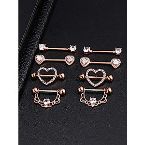 4 Pairs Stainless Steel Nipple Rings Tongue Ring Piercing Body Jewelry Barbell CZ Heart Shape Rings for Women (Rose Gold Bar and White Zirconia)