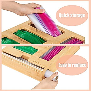Sansnow 5 in 1 Bamboo Ziplock Bag Organizer Box and Plastic Wrap/Foil/Wax Dispenser with Cutter, Storage Box for Ziplock Bag (Gallon/Quart/Sandwich/Snack), Apply to Kitchen Drawer/Countertop/Wall