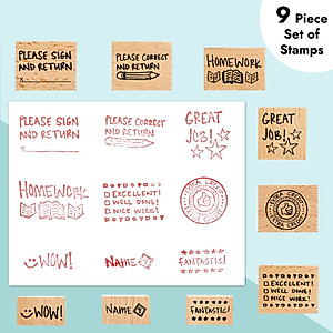 9 Piece Set of Wooden Rubber Teacher Stamps - Classroom Supplies for Grading Homework (Assorted Sizes)