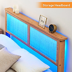 IDEALHOUSE Queen Bed Frame with Natural Rattan Headboard, Platform Bed Frame Queen Size with Storage Headboard, Mattress Foundation, Noise-Free, No Box Spring Needed