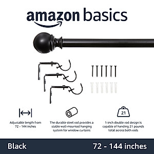Amazon Basics 1-Inch Curtain Rod with Round Finials - 1-Pack, 72 to 144 Inch, Black