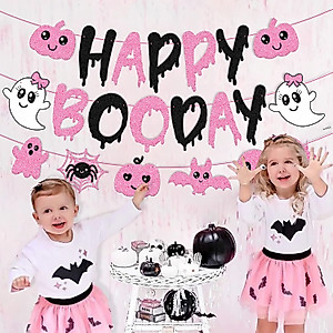 Happy Boo Day Banner Pink Black Halloween Ghost Bat Little Boo Themed for Girl Halloween Happy Boo Day Baby Shower Party Supplies Glitter Halloween Decorations