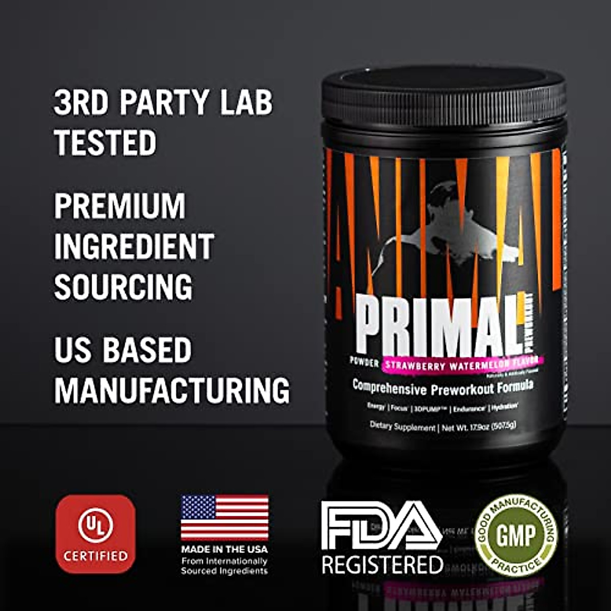 Animal Primal Muscle Hydration + Preworkout Powder – Contains Beta Alanine, 3DPump, Caffeine & Electrolytes – Improves Energy, Focus, Endurance & Absorption – Strawberry Watermelon Flavor, 17.9 oz