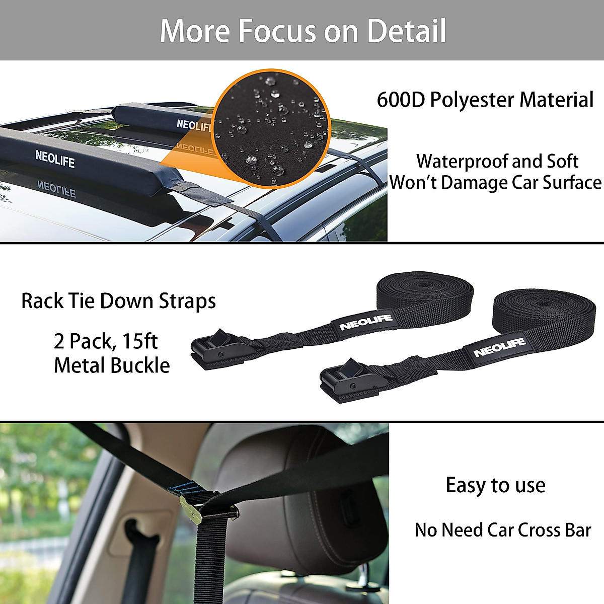 WONITAGO Soft Roof Rack Pads with Single Wrap-Rax Straps and Storage Bag, Universal Car Roof Rack for Surfboard, Kayak, SUP Paddleboard, Canoe, 28" (Pair)