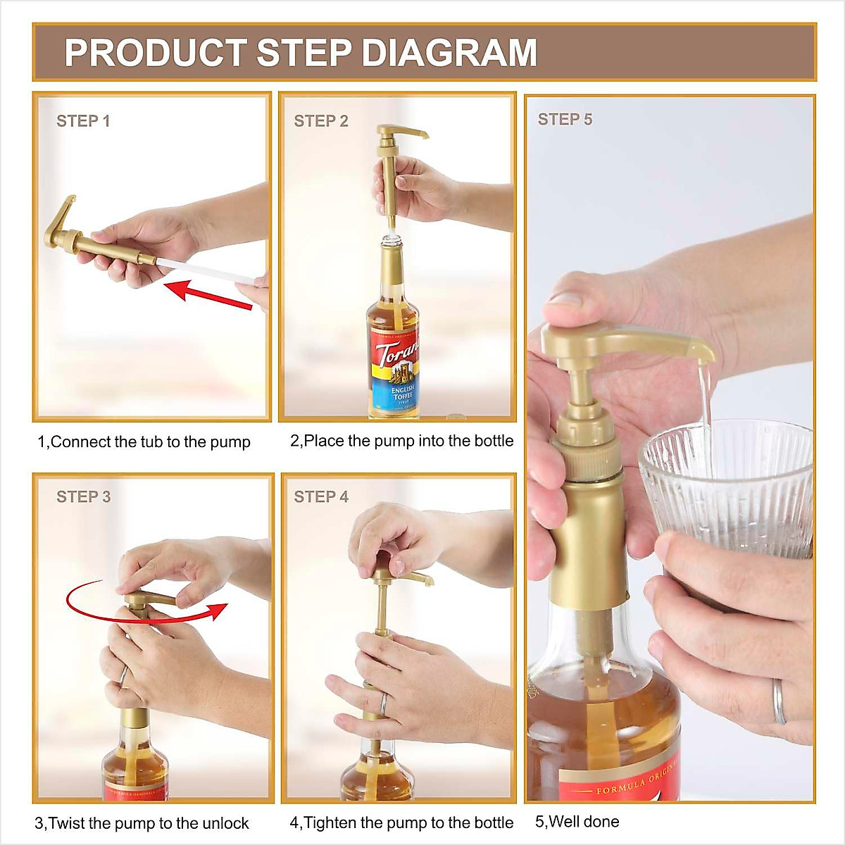 Kinfira 6 Pcs Coffee Syrup Pump Dispenser - Premium Skinny Syrup Pumps Fit for 25.4oz Torani Davinci Syrup Bottles (Gold)