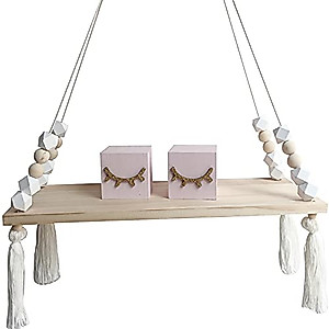 LEAQU Nordic Shelf Wall Hanging Board Rope Hanging Floating Shelves Wooden Floating Shelves Storage with Tassel Beads Wall Hanging Shelves Storage for Home White