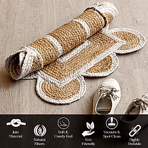 HOMEMONDE Scalloped Natural Jute Rug 3x5 ft - Braided Rustic Handwoven Fiber Rug Vintage Indoor Carpet for Bedroom, Living Room, Entryway and Kitchen