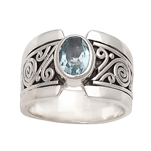 NOVICA Artisan Handmade Blue Topaz Single Stone Ring Artisan Crafted Sterling Silver Wide with Indonesia Serenity Birthstone [crownbezel 0.4 in L x 0.3 in W x 0.2 in H Band Width 7 mm W] ' Blue