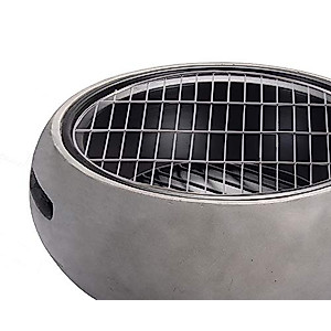 Teamson Home MGO Light Concrete Round Charcoal and Wood Burning Fire Pit for Outdoor Patio Garden Backyard with Spark Screen, Fireplace Poker, Grate, and BBQ Grill, Light Gray