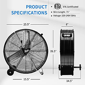 COSTWAY Industrial Drum Fan, 24 Inch 3-Speed Barrel High-Velocity Air Circulator Fan with Built-in Wheels & Aluminum Blades, Portable Heavy-Duty Metal Floor Fan for Garage, Warehouse, Workshop, Black