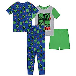 Minecraft Mojang Boys Pajamas Set - 4 Piece Short Sleeve Pajamas Set Creeper Pajamas (Navy Green, 8)