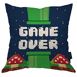 Beabes Pixel Game Throw Pillowcase Vintage Fun Video Game Over with Fungus White Cloud Red Mushroom Square Throw Pillow Cover for Men Women Boys Girls Home Decor Cotton Linen 18x18 Inch