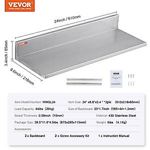 VEVOR Stainless Steel Shelf, Wall Mounted Floating Shelving with Brackets, Commercial Shelves, Heavy Duty Storage Rack for Restaurant, Kitchen, Bar, Home, and Hotel