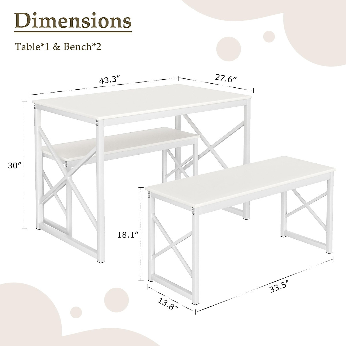 VECELO Kitchen Dining Table Set for 4, 43.3" Wood Rectangle Dinette with 2 Benches, Heavy-Duty Metal Frame for Small Space, Breakfast Nook, White