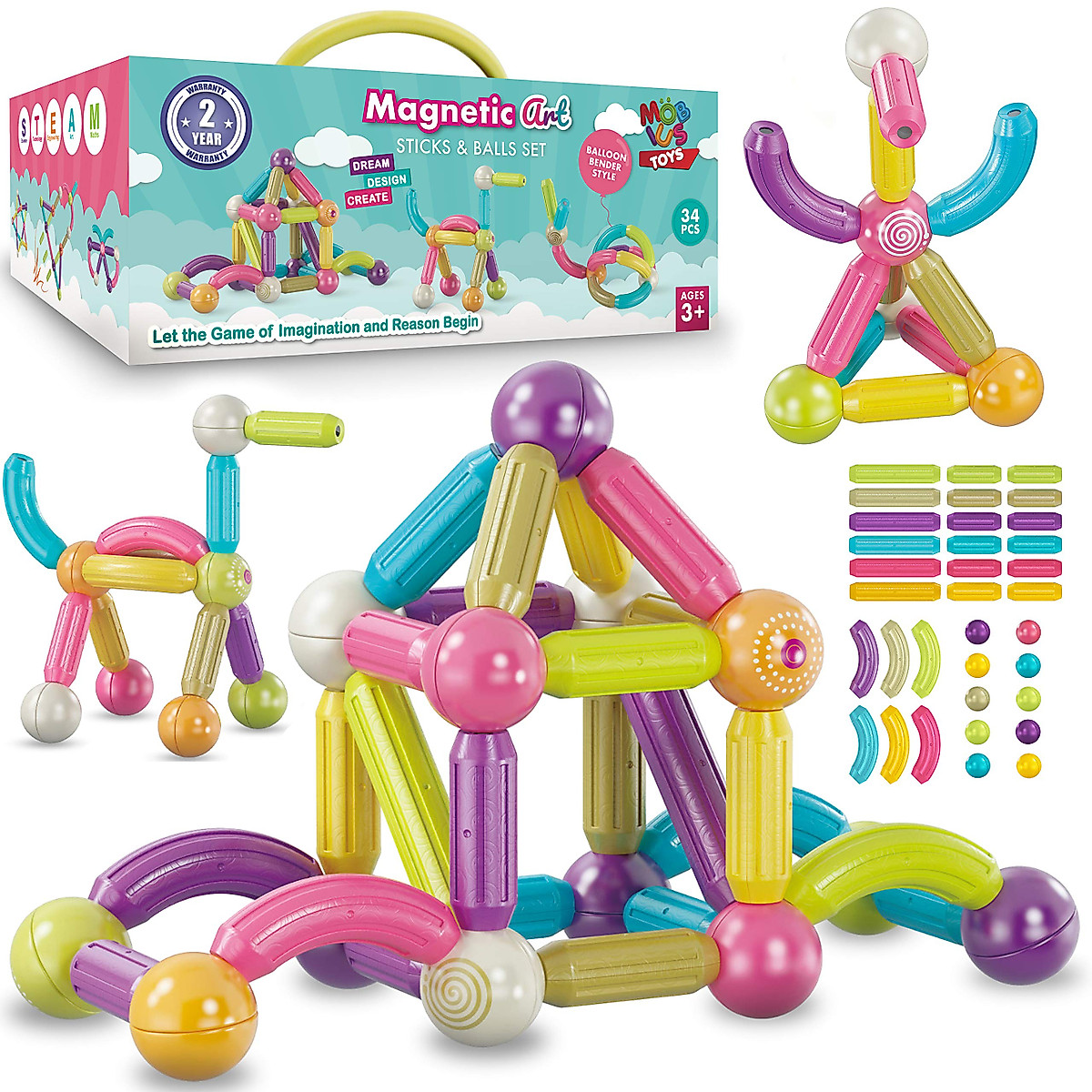 Magnetic Balls and Rods Set | 34 PCS Educational Magnet Building Blocks – Vibrant Colors, Different Sizes & Curved Shapes + Instructions Manual – Developmental STEAM Toys for Boys & Girls 3 4 5 6 7