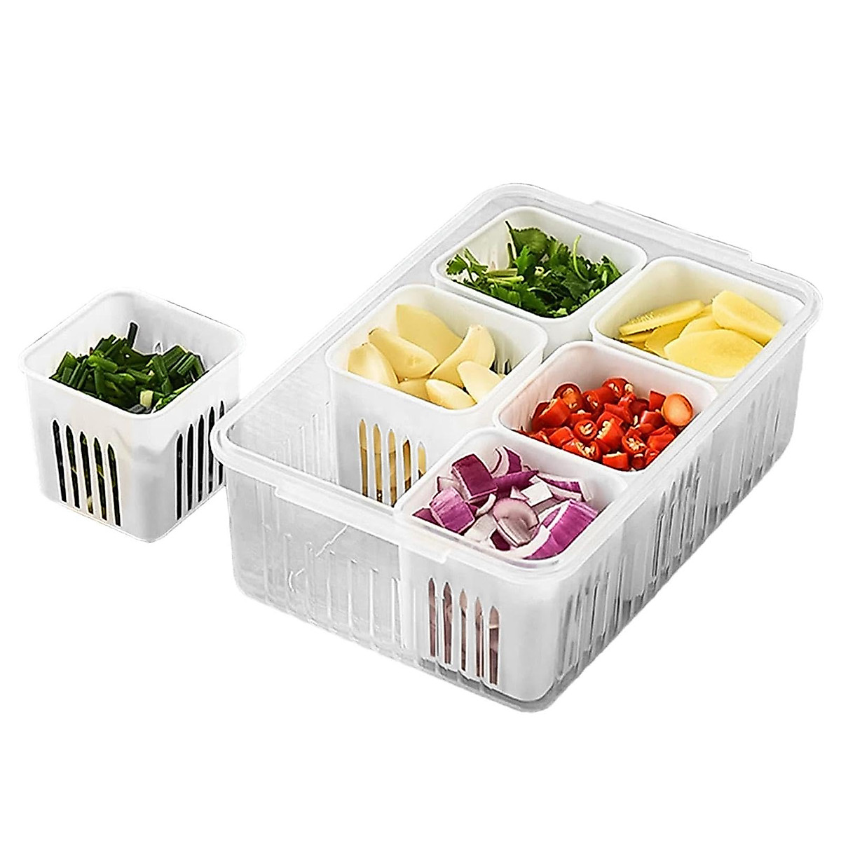 Generic 6 in 1 Scallion Storage Box for Fridge, Food Storing Containers with Lids, Washable & Detachable Drain Basket for Fruit Ginger Garlic Onion,, Translucent white, MLJW9825VBUX23NL7VH1