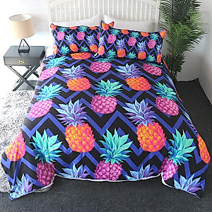 Sleepwish Pineapple Bedding Hawaiian Pineapples Wave Chevron Pattern Duvet Cover Set 3 Pieces Psychedelic Fruit Bed Set Purple Pink and Green (Twin)
