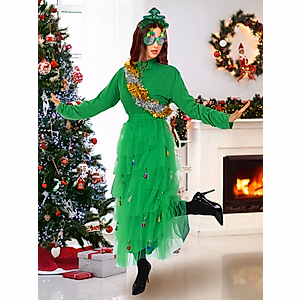 Xtinmee 25 Pcs Christmas Tree Costume Set for Women Festive Party Dress Christmas Tree Adult Outfit for Xmas Party Costumes (X-Large)