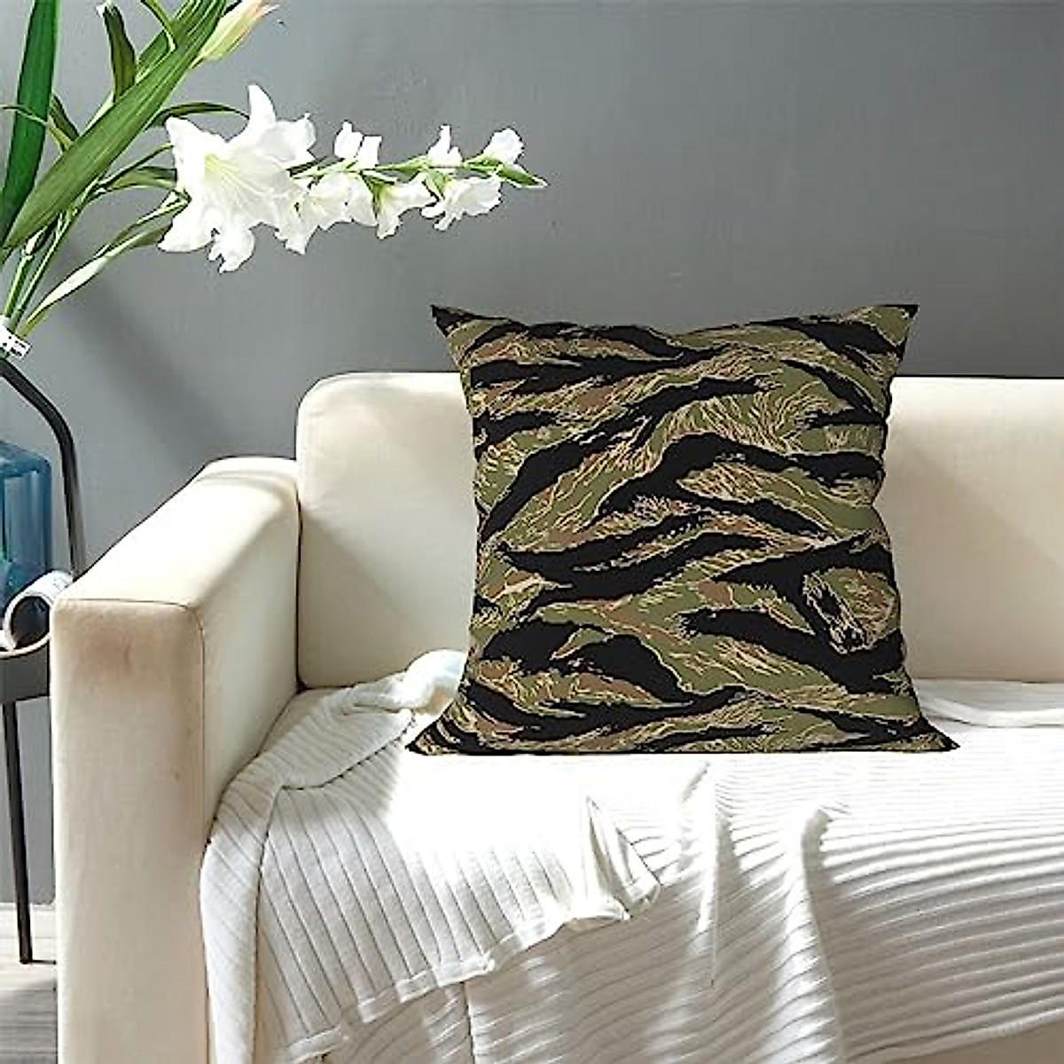 WURTON Tiger Stripe Camo Print Throw Pillow Covers, Soft Square Cushion Case,for Sofa, Couch,Bed Chair-18 X 18 Inch