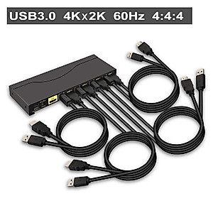 CKLau 4 Port KVM HDMI Switch with Digital Audio Output, All Input Cables and 2 USB 3.0 Hub, 4x1 HDMI KVM Switch USB 3.0 Supports Hotkey Switching, 4K@60Hz, 2K@144Hz, EDID