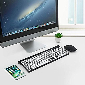 Full Size Large Print 2.4g Wireless Keyboard and Mouse with Oversized Print for Kids Visually Impaired Low Vision Individuals (Black)