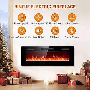 Rintuf 42 inch Electric Fireplace, Recessed and Wall Mounted Fireplace Heater and Linear Fireplace with Multicolor Flame, Timer, 750/1500W Control by Touch Panel & Remote