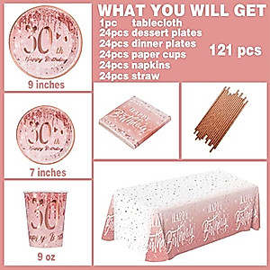 30th birthday decorations for women her - (Total 121pcs) rose gold Birthday supplies Plates and Napkins, Cups, Straws, tablecloth, Disposable Tableware for 24 Guests
