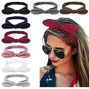 Huachi 8 Packs Bow Headbands for Women's Hair, Fashion Retro Bunny Ear Hair Accessories Girls Cute Knotted Bandana Headband Non Slip, Boho Elastic Workout Yoga Solid Color Headwrap