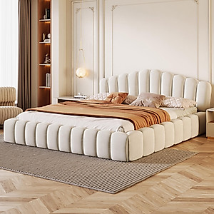 Merax Queen Size Floor Platform Bed Frame,Velvet Upholstered Bedframe with Shell-Shaped Headboard and Cushioning All Around Guards for Bedroom,No Box Spring Needed,Beige