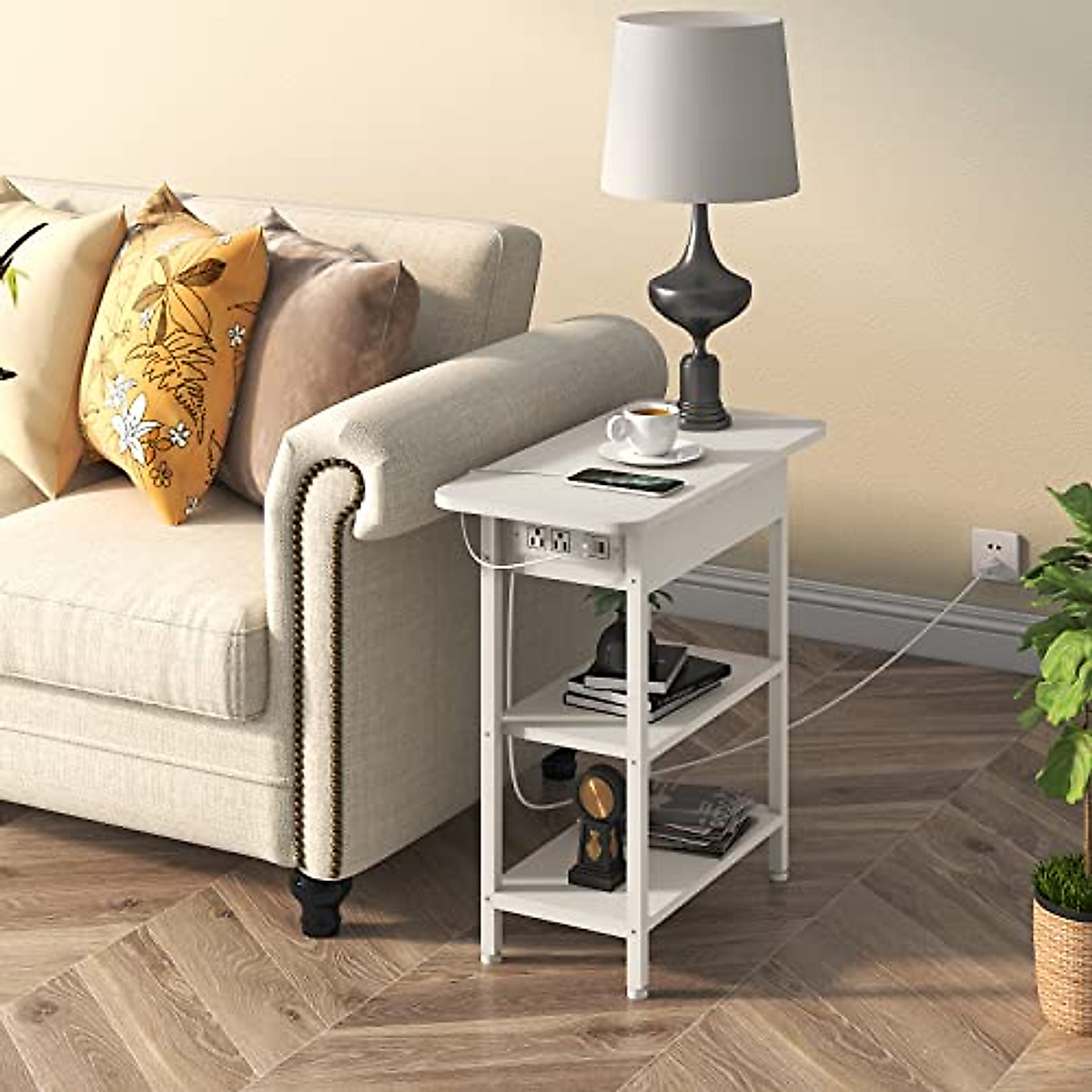 LIDYUK End Table with Charging Station, Flip Top Side Table with USB Ports and Outlets, Nightstand for Small Spaces, Bedside Tables with Storage Shelf for Living Room, Bedroom, White