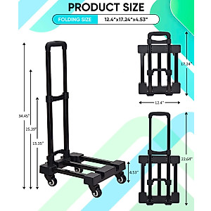 Lougnee Folding Hand Truck, 4 Wheels Fold Up Hand Cart with 2 Elastic Ropes, Portable Foldable 220 lbs Capacity Heavy Duty Luggage Cart, Utility Dolly Platform Cart for Car House Office Moving, Black
