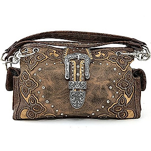 Justin West Gleaming Western Tooled Rhinestone Buckle Floral Embroidery Chain Shoulder Handbag Purse Concealed Carry (Brown handbag and wallet)