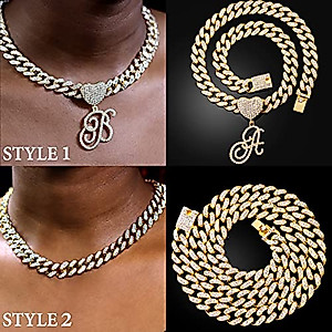 PTJDSMF Gold Initial Cuban Link Chain for Women Miami Iced Out Chain for women Bling Diamond Chain Necklace Hip Hop Jewelry (A)