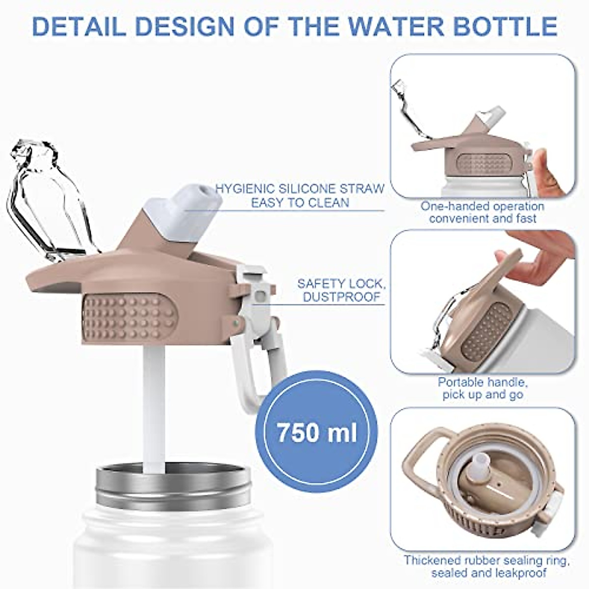 Insulated Water Bottle with Straw 25 oz Stainless Steel Water Bottles BPA-Free Leak Proof Double Wall Vacuum Metal Water Bottle with 2 Lids for Biking Hiking Camping-WHITE