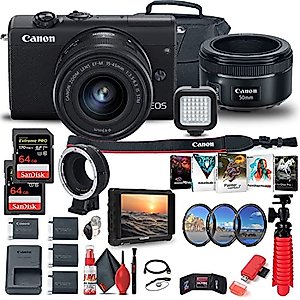 Canon EOS M200 Mirrorless Digital Camera with 15-45mm Lens (Black) (3699C009) + Canon EF-M Lens Adapter + 4K Monitor + Canon EF 50mm Lens + 2 x 64GB Memory Card + Case + Filter Kit + More (Renewed)