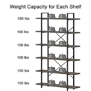 HSH Industrial Tall Bookshelf, Large Vertical Wood and Metal 6 Tier Book Shelf, Open 6 Shelf Bookcase for Bedroom Living Room Office, Vintage Display Storage Bookshelves and Bookcases, Dark Gray Oak
