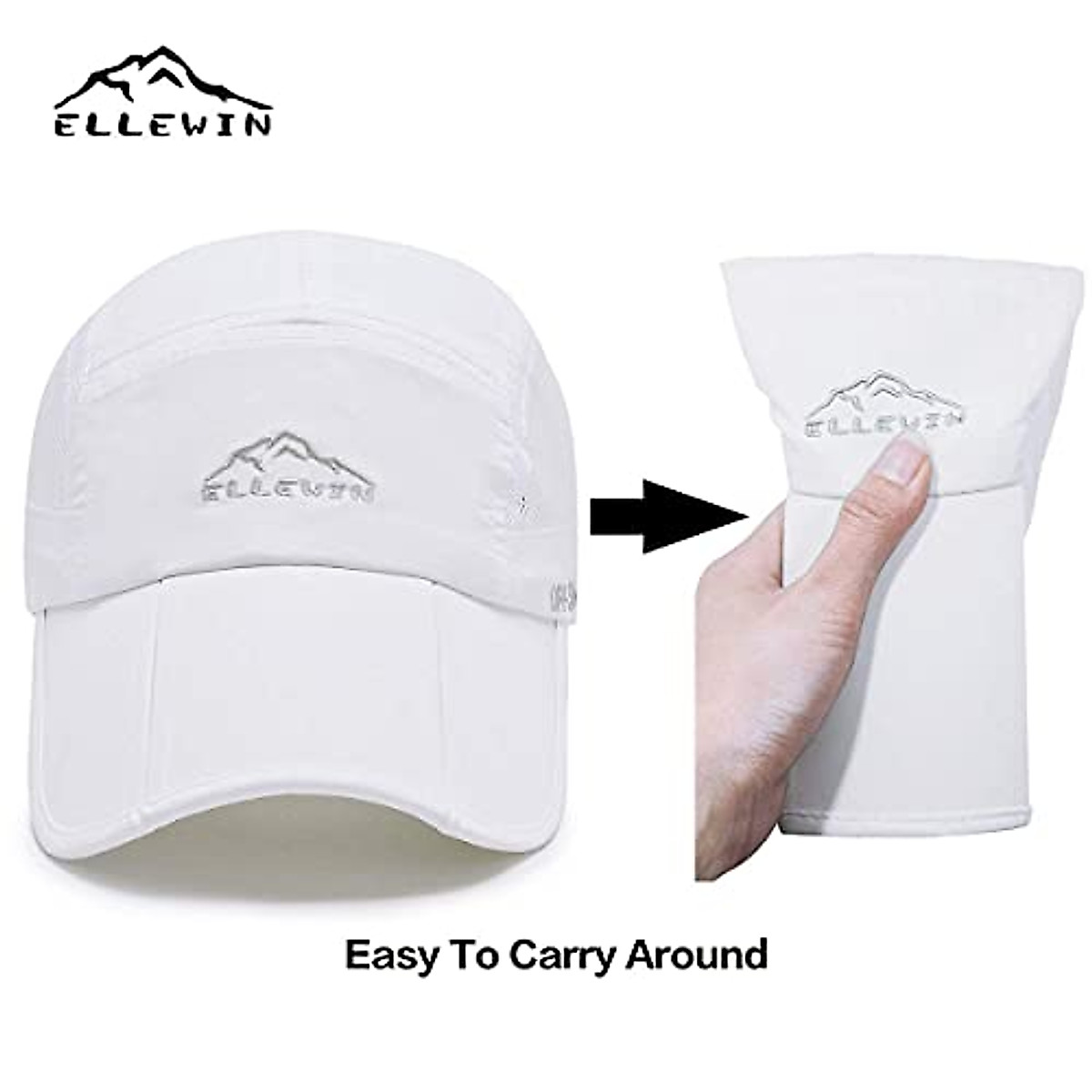 ELLEWIN Unisex Baseball Cap UPF 50 Unstructured Hat with Foldable Long Large Bill, A-white-ellewin Logo, M-L-XL