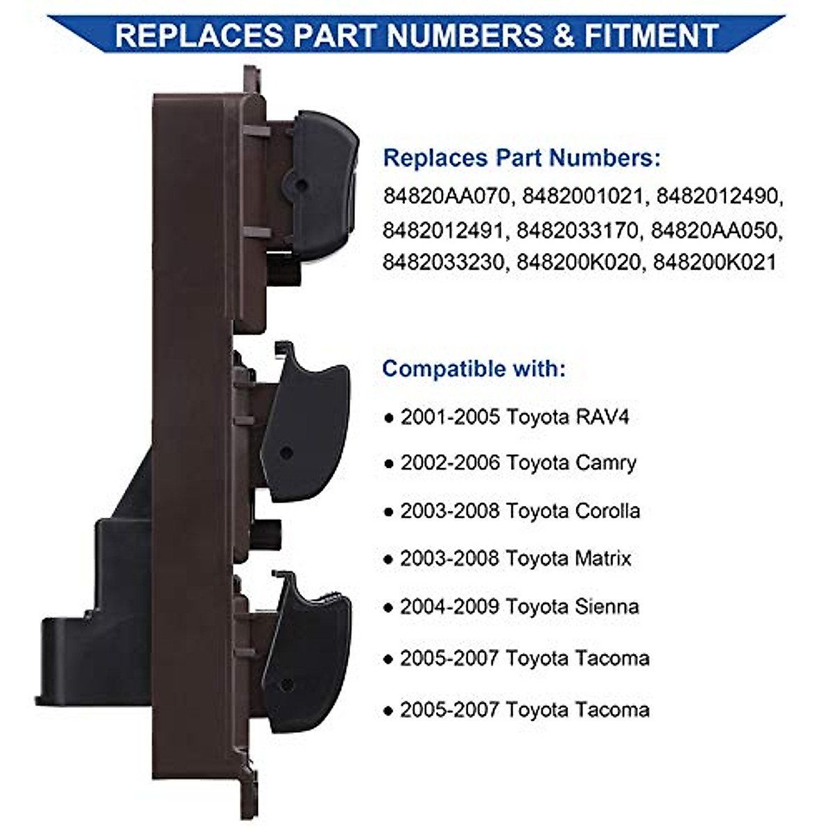 Obaee Master Door Lock Window Switch Control Button Compatible with Toyota Camry 2002-2006, Corolla/Matrix 2003-2008, Sienna 2004-2009, Tacoma and Scion xA/xB 2005-2007, Replace 84820AA070 901-705
