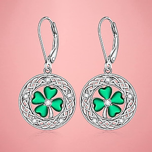Celtic Knot Shamrock Earrings for Women Irish Leverback Drop Four Leaf Clover St Patricks Day Earrings Sterling Silver Green Dangle Valentines Day Gifts