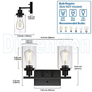 MELUCEE 2-Light Black Wall Sconce Industrial Vintage with Clear Glass Shade and Metal Base, Bathroom Vanity Lights Hallway Light Fixture Sconces Wall Lighting