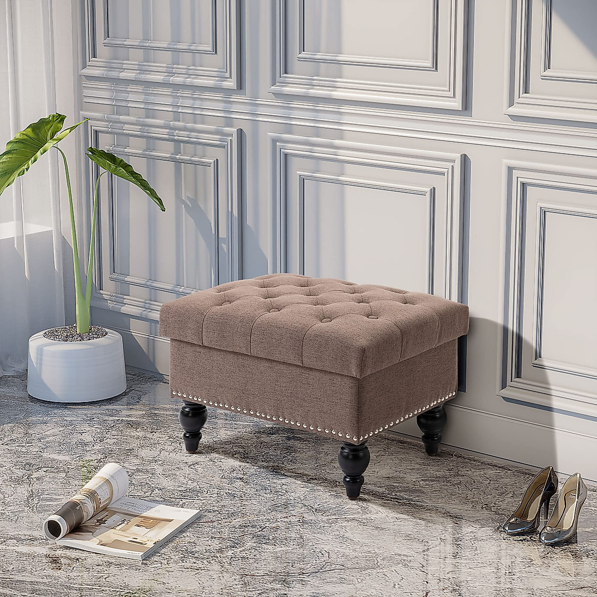 HOMCOM Ottoman with Storage for Living Room, 25" Storage Ottoman with Removable Lid, Button-Tufted Fabric Bench for Footrest and Seat with Wood Legs, Blue