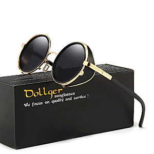 Dollger Steampunk Vintage Retro Round Sunglasses Metal Circle Frame (Black Lens+Gold Frame,100% UV Protection Lens)
