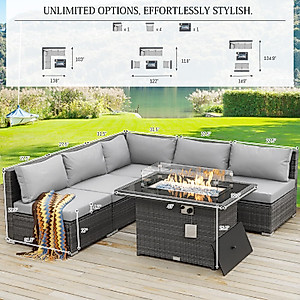 BULEXYARD Grey PE Wicker Patio Furniture Sectional Conversation Sofa Set with 43" Propane/Natural Gas Fire Pit Table, Large Size High Back Outdoor Furniture Set with Fireplace(6Pcs, Light Grey)