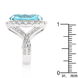 Kate Bissett Rhodium Plated Blue Topaz Oval Cocktail Ring with Faceted Blue Topaz Center CZ Size 8