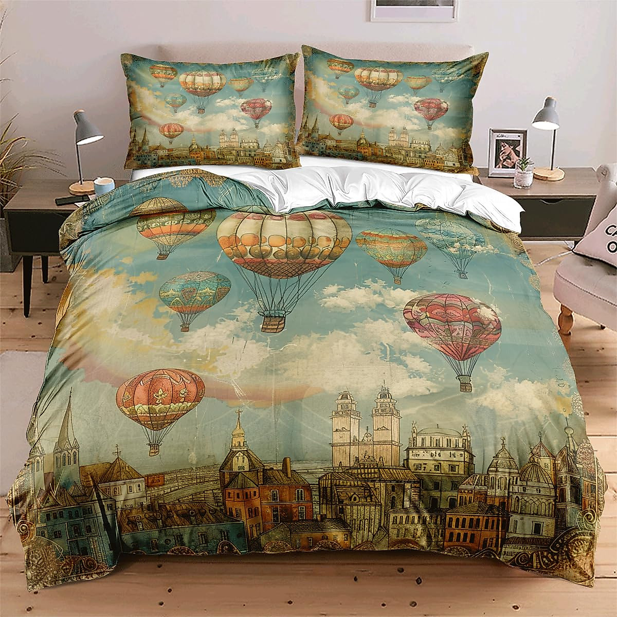 Ydtwnyq Hot Air Balloons Duvet Cover Set Hand Painted Style Floating Hot Air Balloons Print Bedding Set Decorative 3 Piece Quilt Set with 2 Pillow Shams Queen Size Olive Green