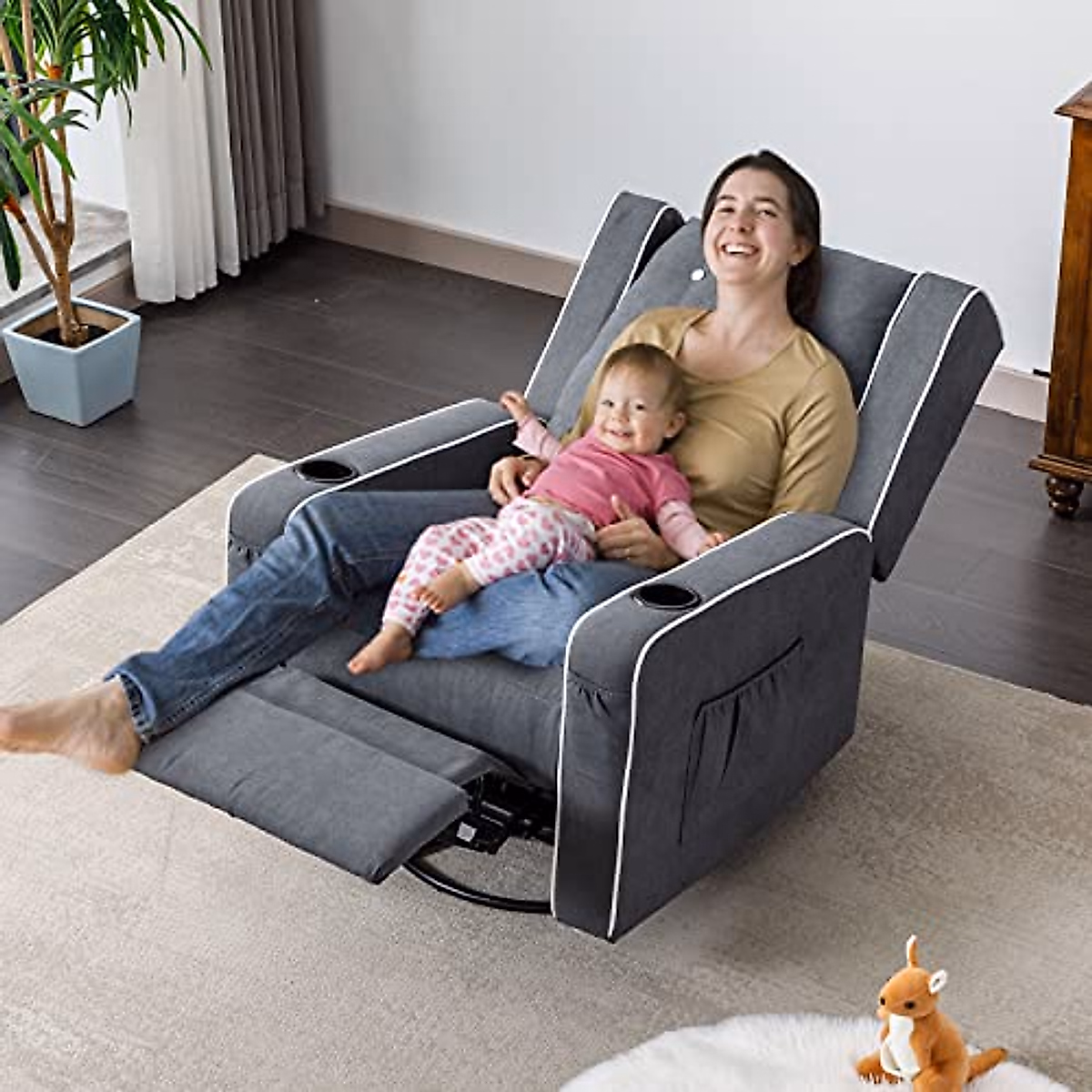 VUYUYU Upholstered Glider Chair for Nursery, Swivel Rocking Recliner Chairs Manual Reclining Chair with Cup Holders/Side Pockets (Grey)
