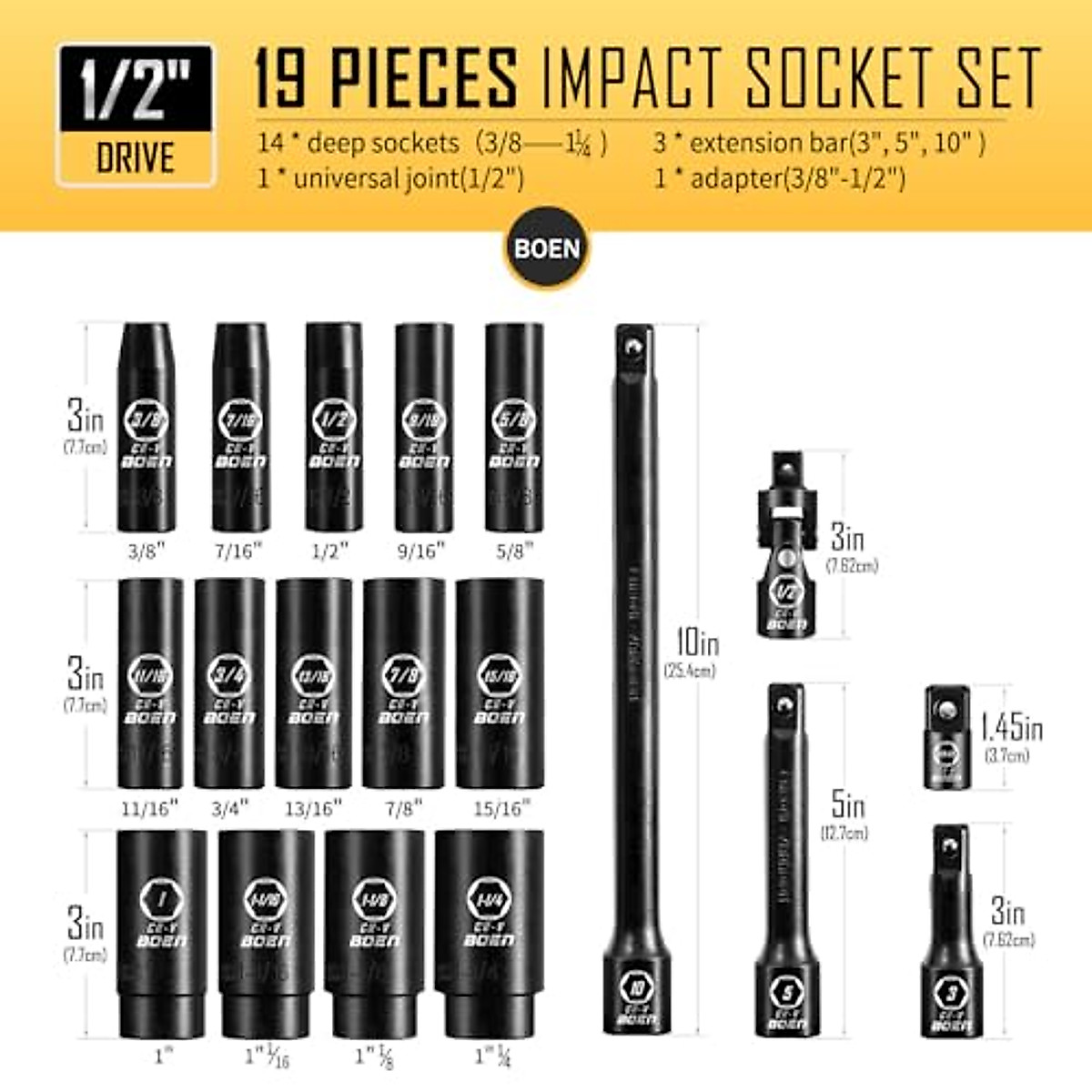 BOEN 19-Piece 1/2" Drive Deep Impact SAE Socket Set, 3/8"-1-1/4", Cr-V Steel, Extensions, Joint, Adapter - Meets ANSI