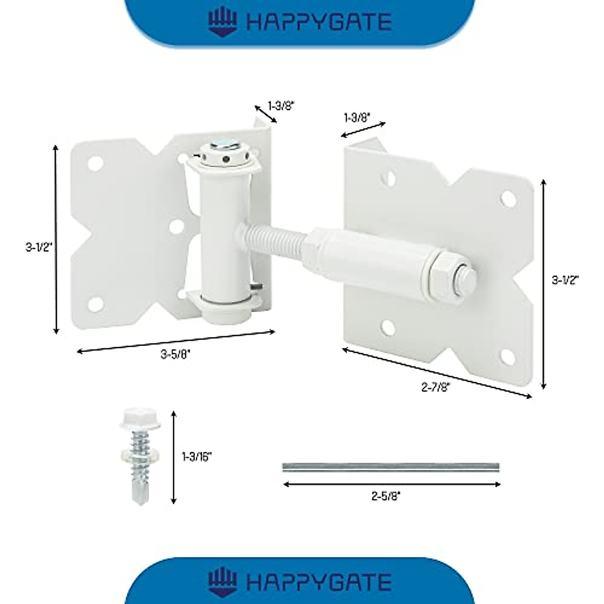 Heavy Duty Self Closing Gate Hinges Hardware Kit for Wooden Vinyl Fence 90 Degree Adjustable Gate Hinges Hardware Kit for Metal Gates with 22 Durable Screws and Swing Adjuster Tool, 2 Pack, White